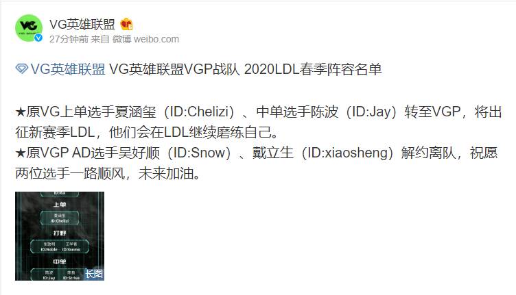 VG官宣2020年LDL战队大名单：上单Chelizi中单Jay转入-直播吧zhibo8.cc