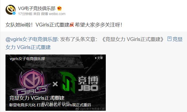 VG宣布女队VGirls重建 在DOTA2、LOL、CSGO等项目招募选手-直播吧zhibo8.cc