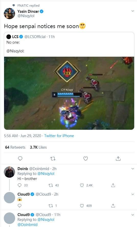 这波是追星成功！C9中单比赛亮FPX队标 Doinb推特与其互动-直播吧zhibo8.cc