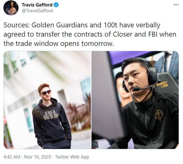 北美知名电竞记者更推：GG的打野Closer和下路FBI将至100T战队-直播吧zhibo8.cc
