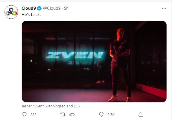 C9官方推特宣布Zven将由ad位置回归首发：He's back-直播吧zhibo8.cc