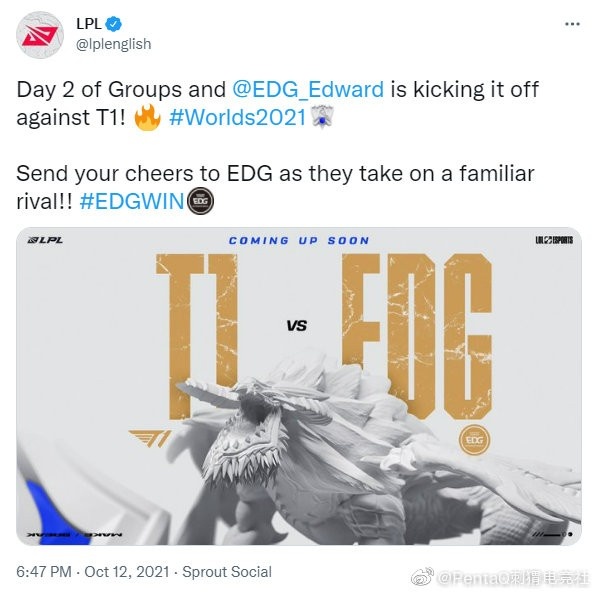 LPL官推预热EDG vs T1：让我们一起为EDG欢呼加油吧！-直播吧zhibo8.cc