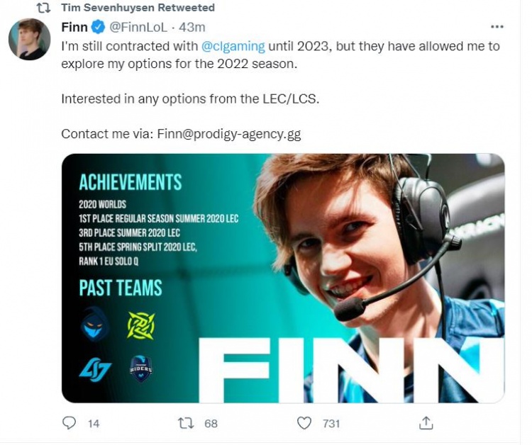 前RGE上单、现CLG上单Finn公开求职：对任何LEC/LCS的合同感兴趣-直播吧zhibo8.cc