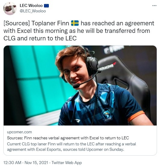 【流言板】外媒爆料人：CLG上单Finn下赛季将为XL效力-直播吧zhibo8.cc