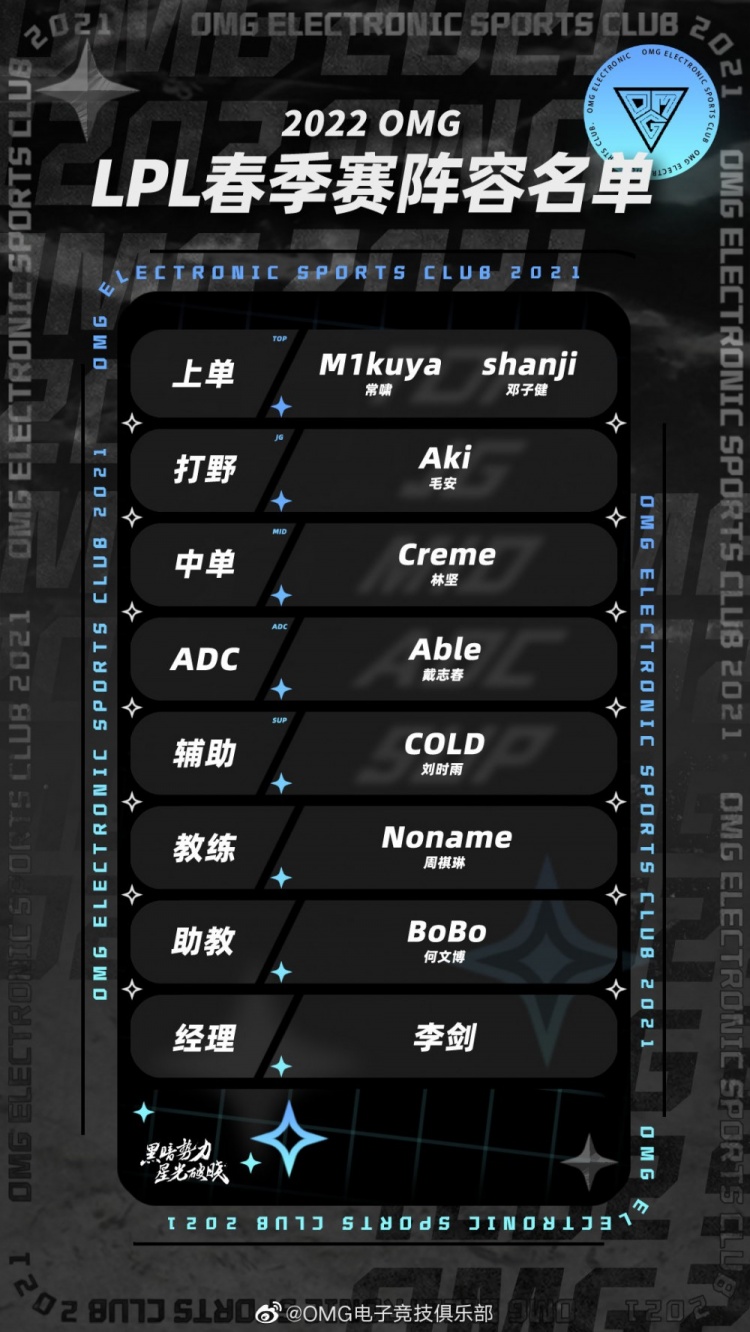 OMG官宣春季赛大名单：上单shanji、M1kuya 打野Aki、中单Creme-直播吧zhibo8.cc