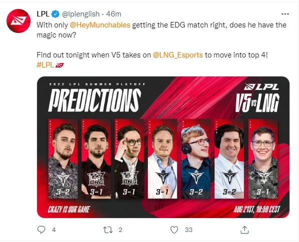 LPL官推发布英文流解说预测赛果：大部分解说认为V5 3-2 LNG-直播吧