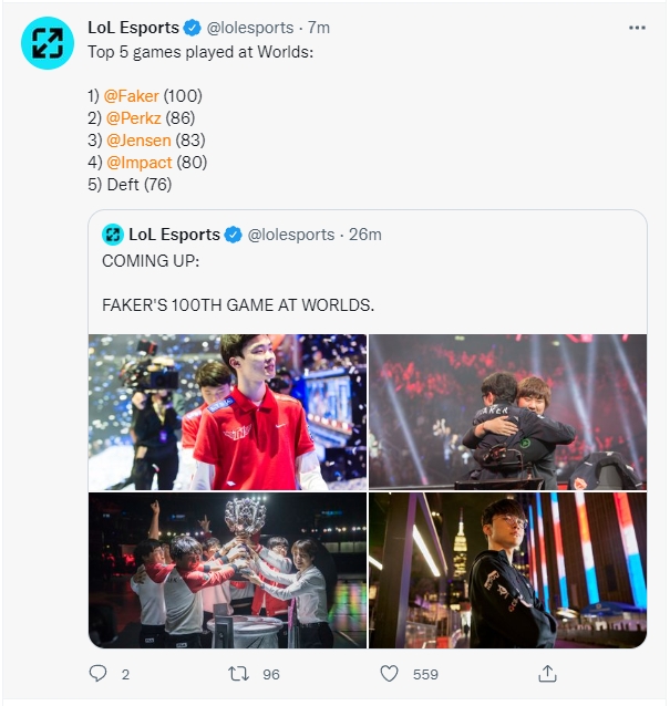 LOL官推：Faker！活着的传奇！Faker将参加他的第100场S赛-直播吧