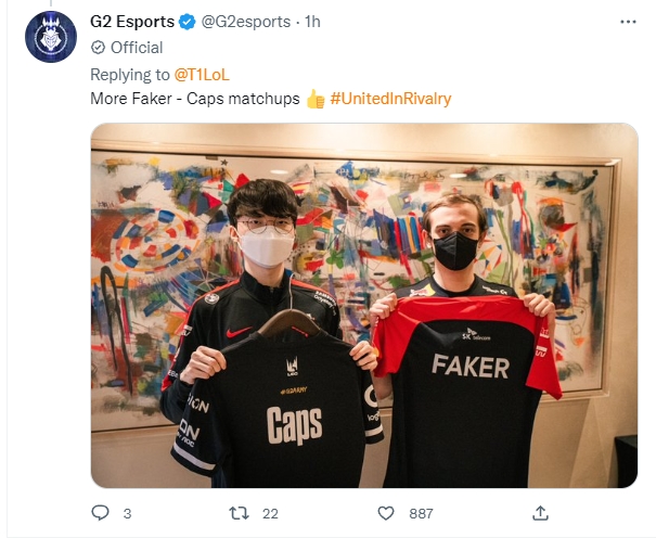 G2发来贺电：可以看到更多Faker和Caps的对决了👍-直播吧
