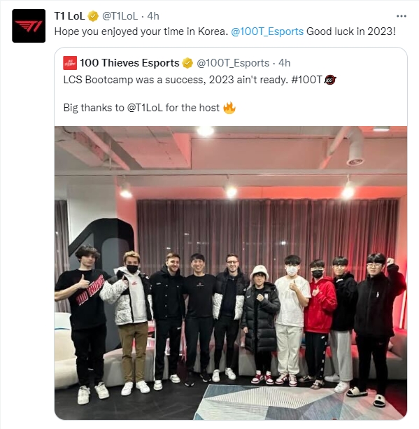 T1官推：希望100T在韩国过得愉快 祝你们在2023年好运-直播吧
