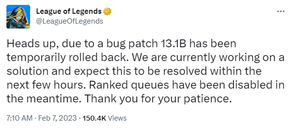 LOL官方：因Bug回调13.1B版本全部更新 国服暂未回调