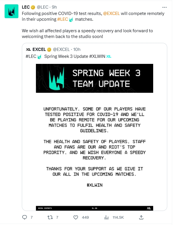 LEC联赛：因受新冠影响，Excel将远程参与LEC的最后一周赛程-直播吧