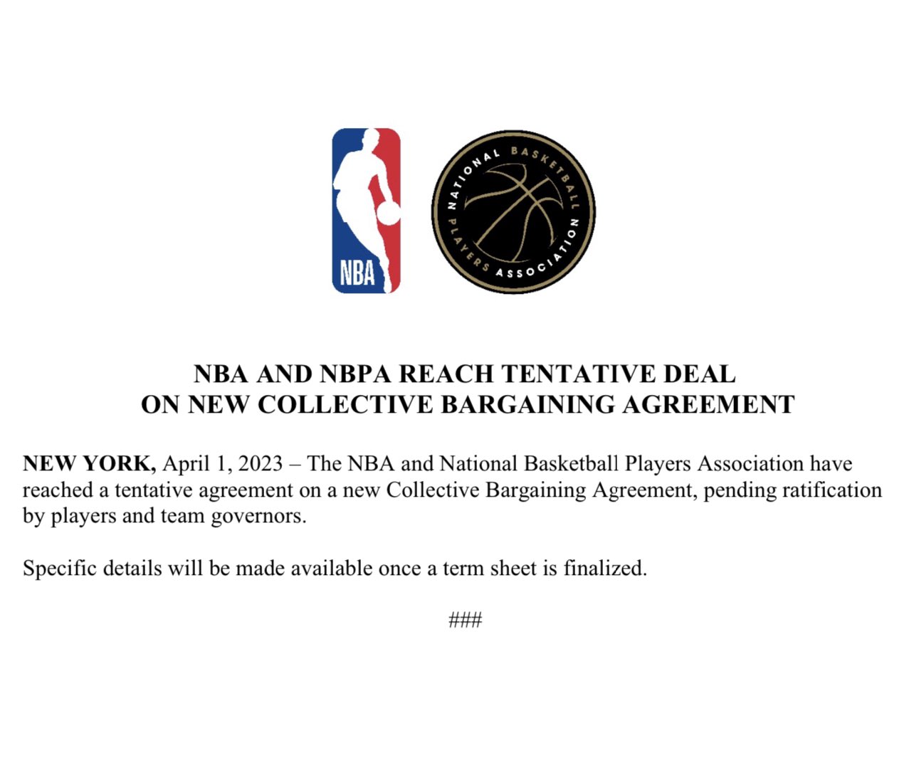NBA官宣和球员工会达成为期7年的新劳资协议 下赛季开始执行-直播吧