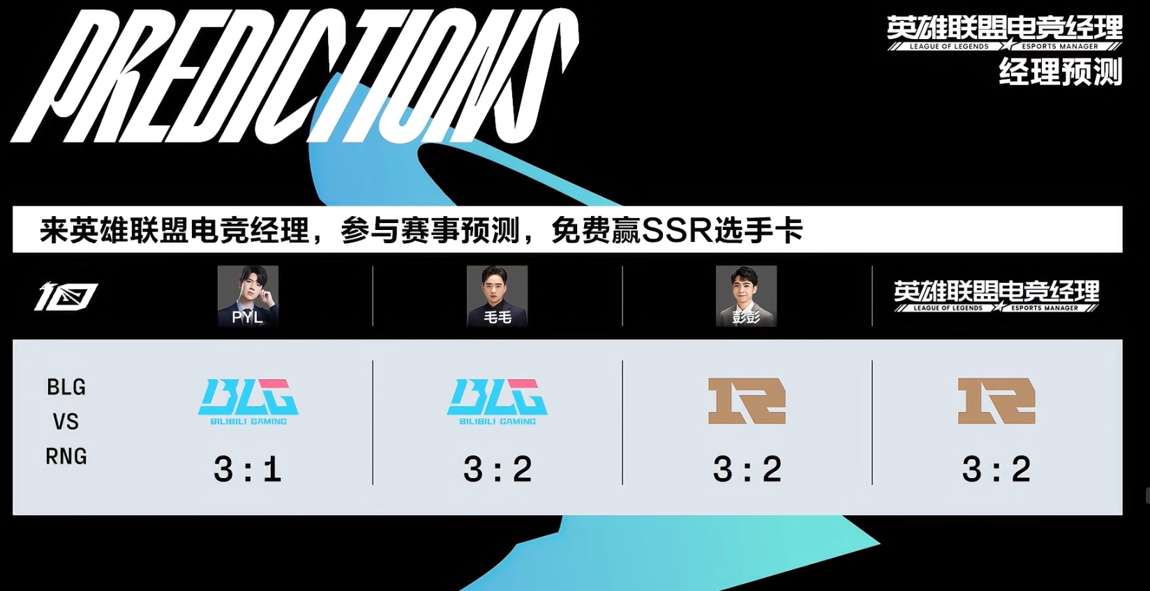 PYL和毛毛认为BLG取胜 彭彭和电竞经理预判RNG3-2击败BLG-直播吧