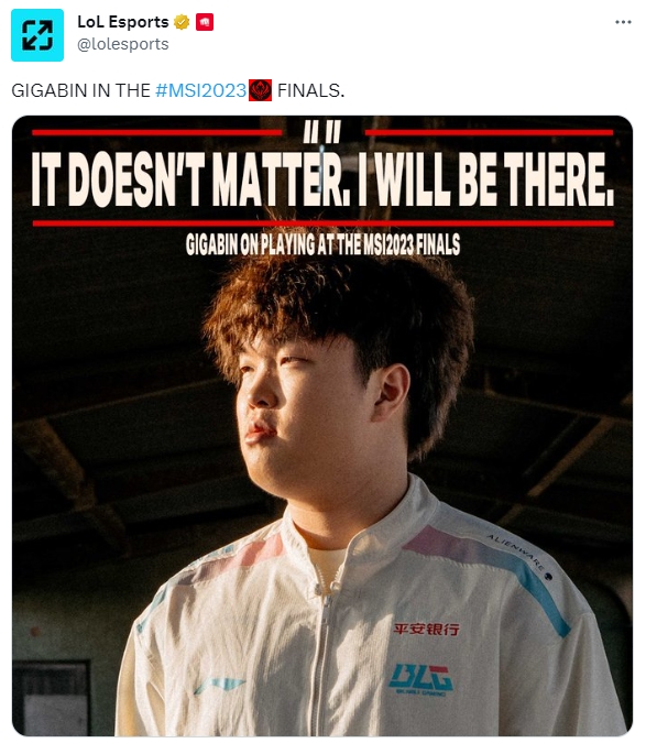 👊🏻LOL官推：猛男Bin站上了MSI决赛的舞台上-直播吧