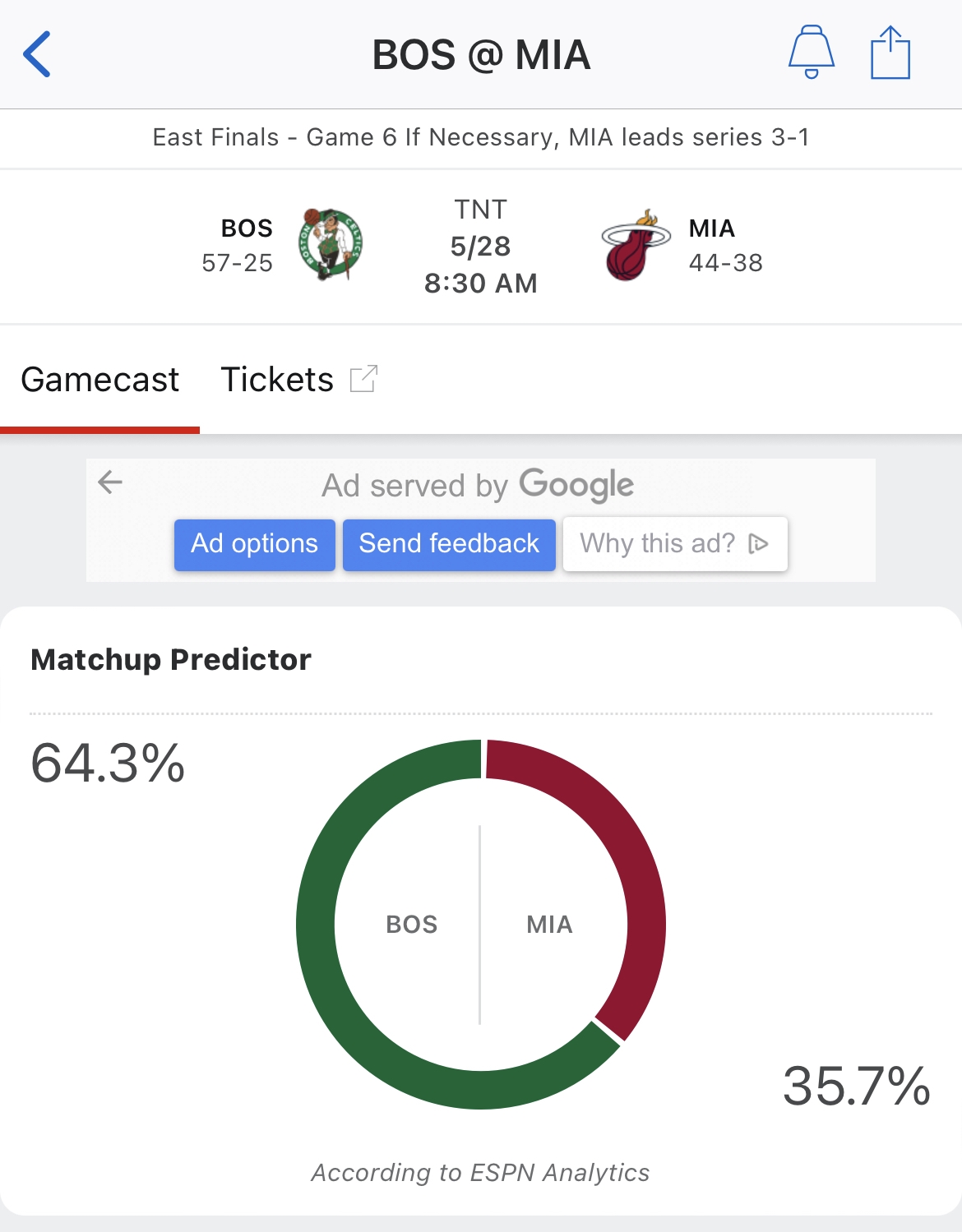 ESPN预测东决G5：凯尔特人有64.3%的概率再下一城-直播吧
