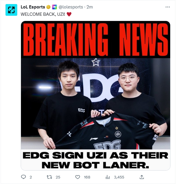 外网热议Uzi复出加盟EDG:王者再临！对Meiko和Uzi的下路感到激动!-直播吧