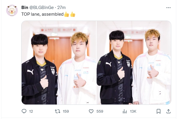 Bin更推分享和Chovy合照，Bin配文：“顶尖上单，集合！”-直播吧