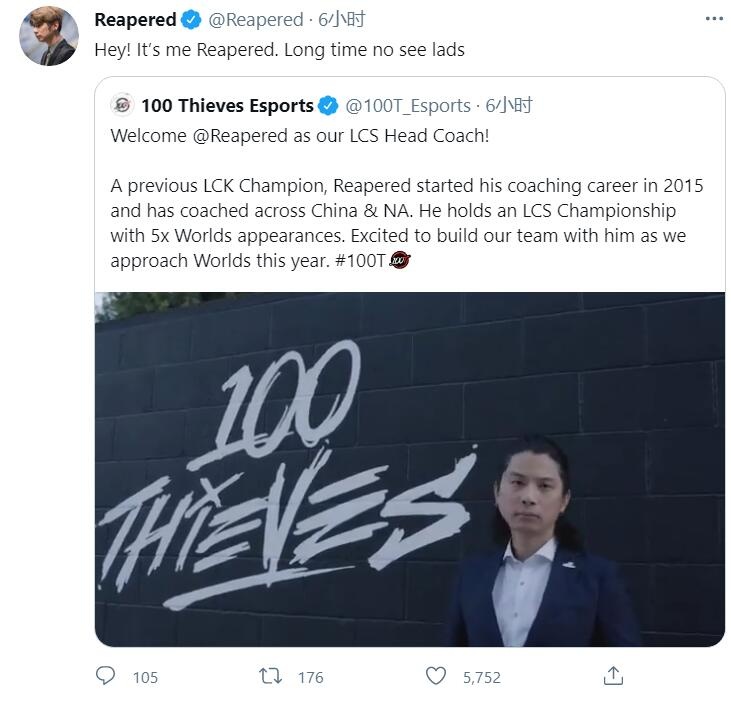 100T官推：前C9主教练Reapered加盟，原主教练Zikz离队-直播吧zhibo8.cc