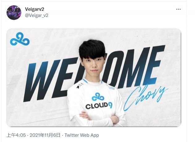 C9教练推特整活：Welcome！Cloud9.Chovy-直播吧zhibo8.cc