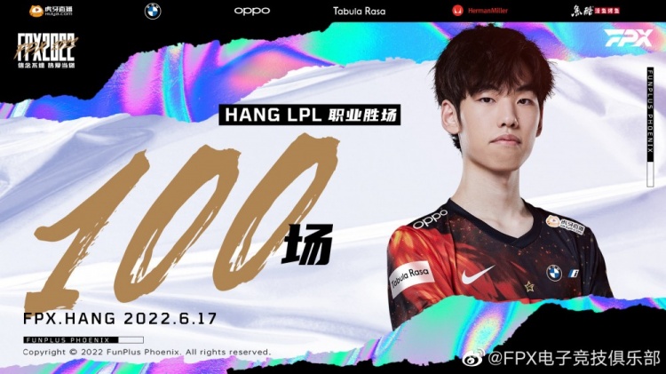 FPX官博：辅助选手Hang斩获个人LPL职业生涯的第100胜！-直播吧zhibo8.cc