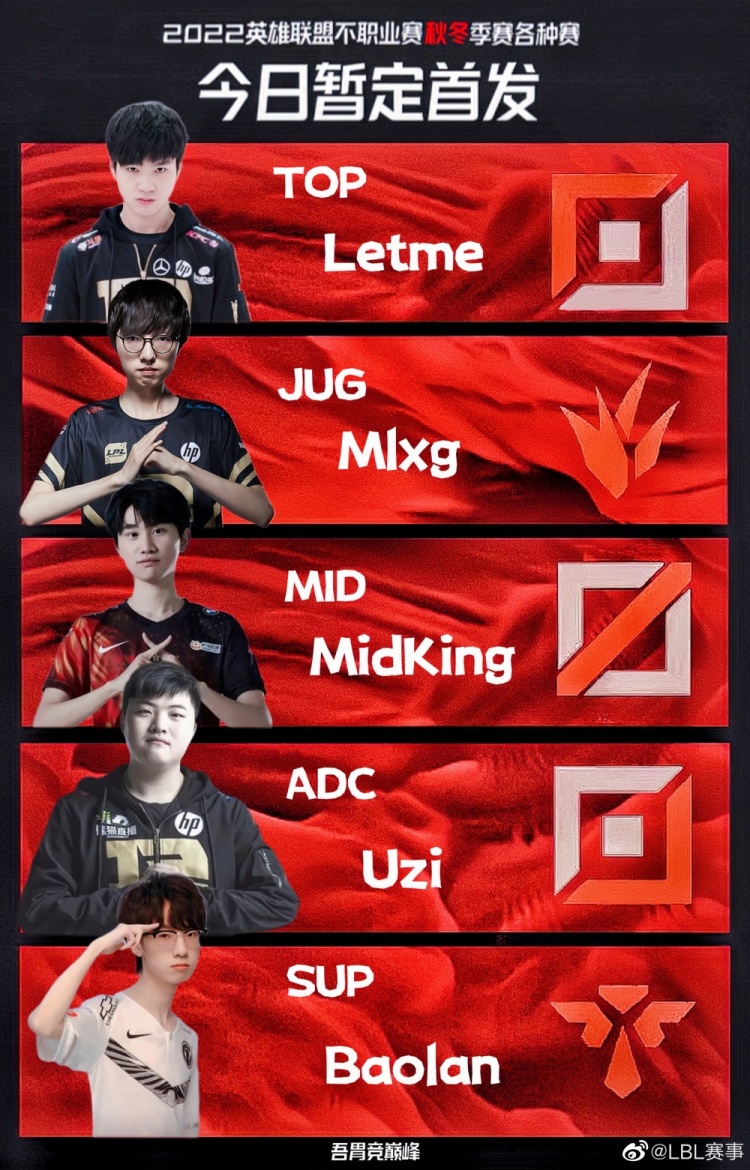 LBL赛事今日首发名单：老RNG三C重聚-直播吧