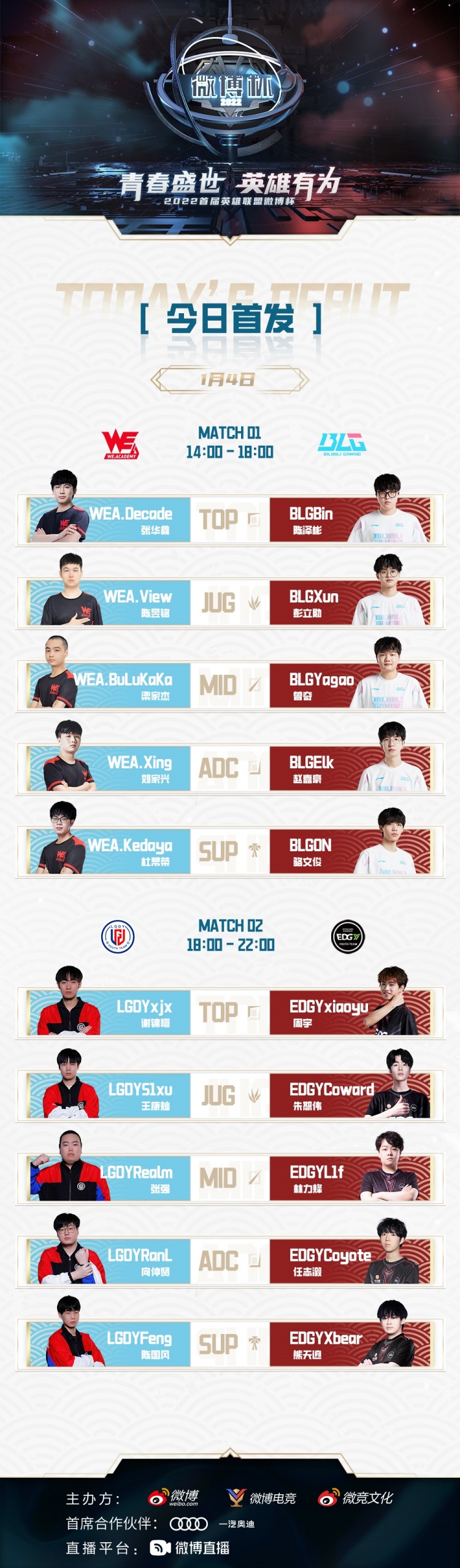微博杯今日首发：Bin、Yagao带领BLG迎战WE.A-直播吧