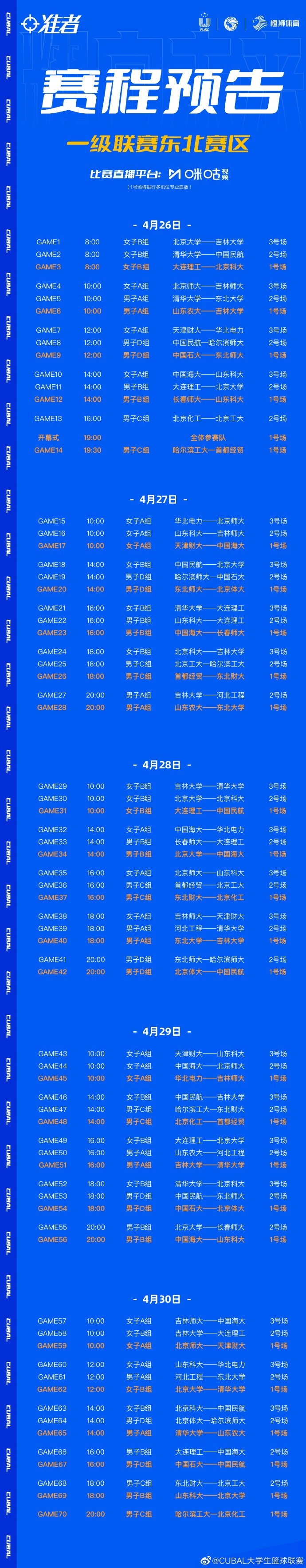 CUBAL东北赛区明日开打：清华VS东北大学 北大VS大连理工-直播吧