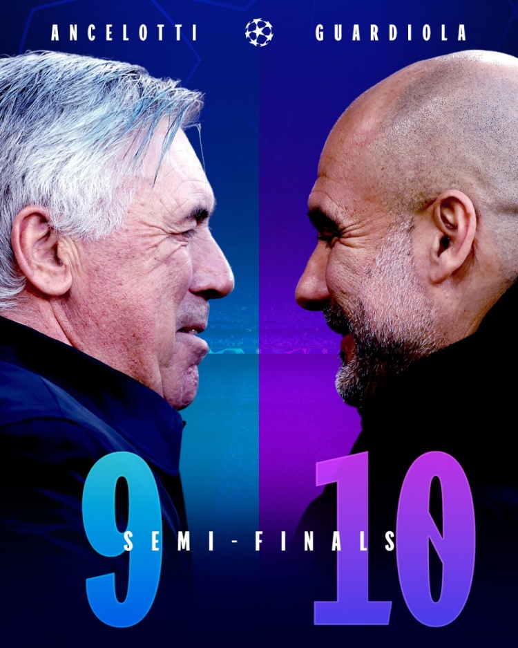 9次进入欧冠半决赛PK10次，欧冠官推晒安帅、瓜帅海报-直播吧